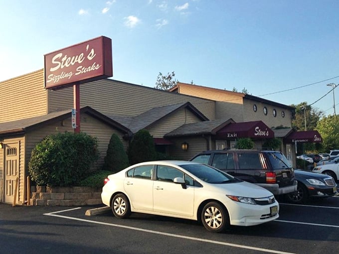 Even in daylight, Steve's beckons with its burgundy awnings – a beacon for those seeking serious steak satisfaction in Carlstadt.