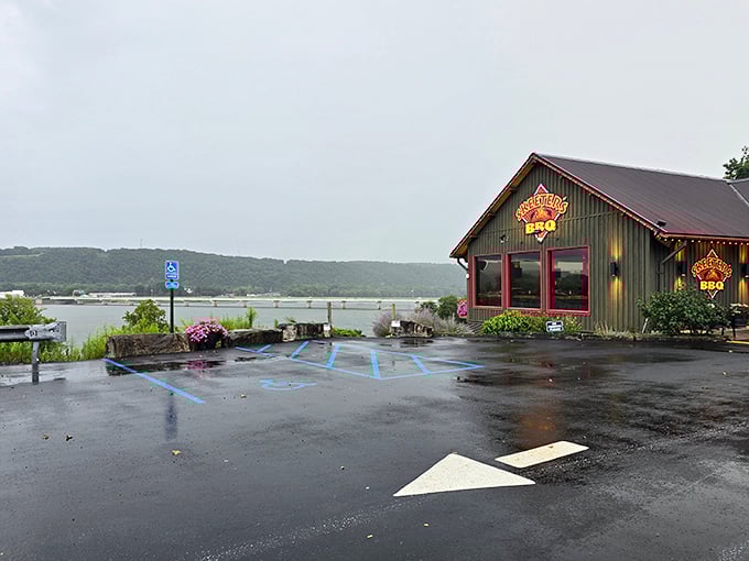 Even on a rainy day, Skeeter's glows like a beacon of BBQ hope – proving that good smoked meat is the ultimate weather-proof comfort.