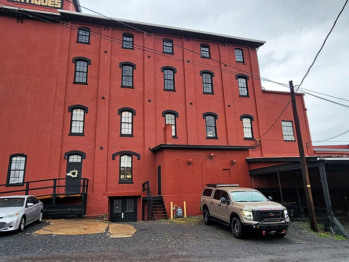 The imposing multi-story structure reveals its industrial heritage. Those star-shaped anchor plates aren't decorative—they're holding together centuries of Pennsylvania history.
