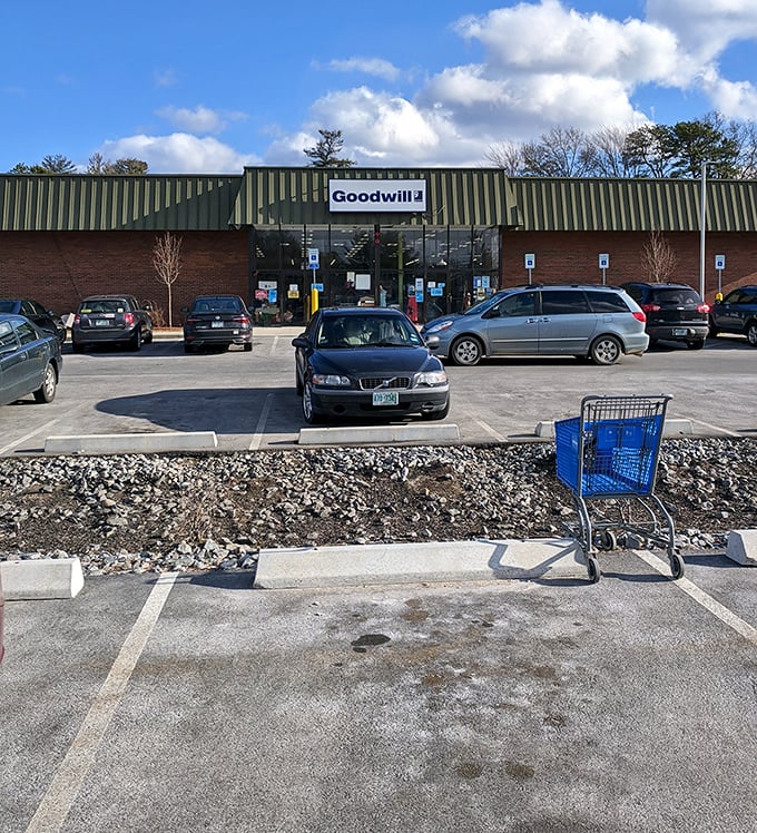 Even the parking lot speaks volumes—a lone shopping cart stands ready for filling with treasures, while sensible cars wait to transport newfound bargains home.