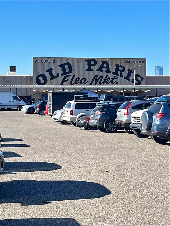 A full parking lot tells the real story—Old Paris isn't just a shopping destination, it's a weekend ritual for bargain hunters across Oklahoma City.