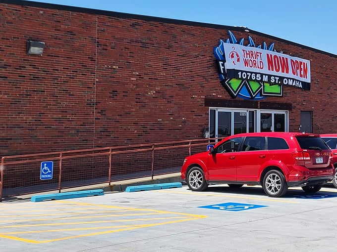 Even the parking lot says "welcome"—with that cheerful sign promising adventures in thrifting just steps away. Treasure hunting starts here!