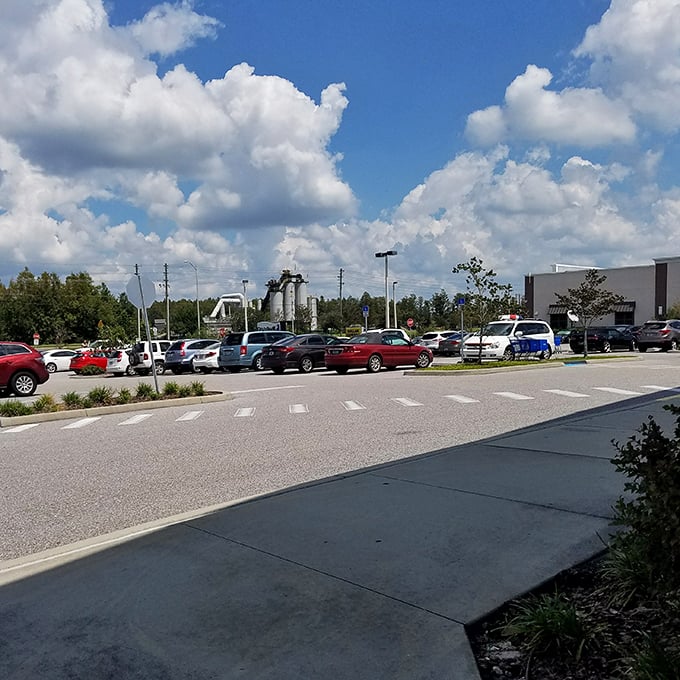 A packed parking lot tells the real story—this isn't just shopping, it's a community gathering spot where treasure hunters congregate under Florida's brilliant blue skies.