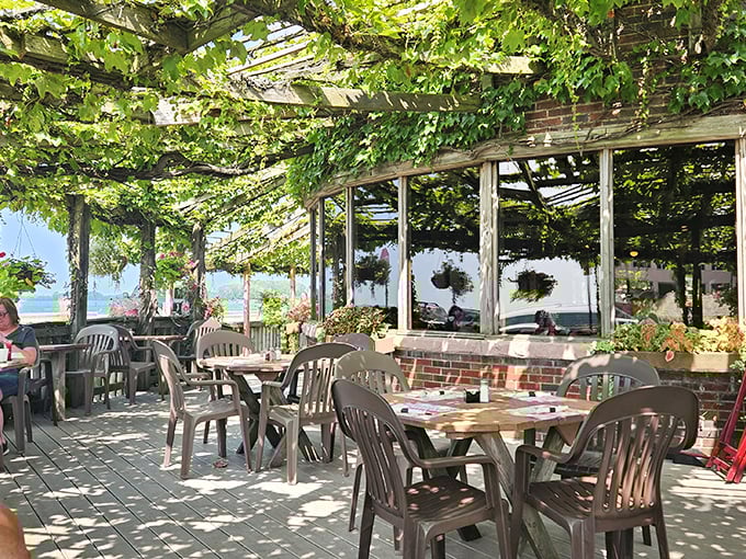 Dappled sunlight filtering through grape vines creates a Mediterranean atmosphere on this outdoor patio—Erie's answer to coastal dining.