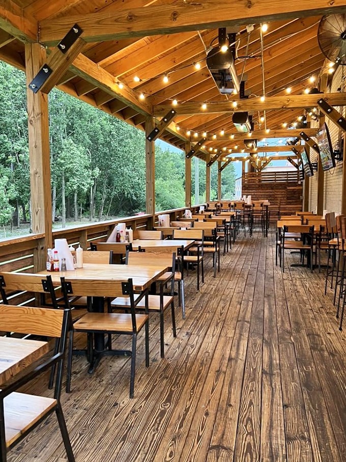 The outdoor patio doesn't just offer fresh air—it provides a tree-lined backdrop for the important business of savoring every last bite. 