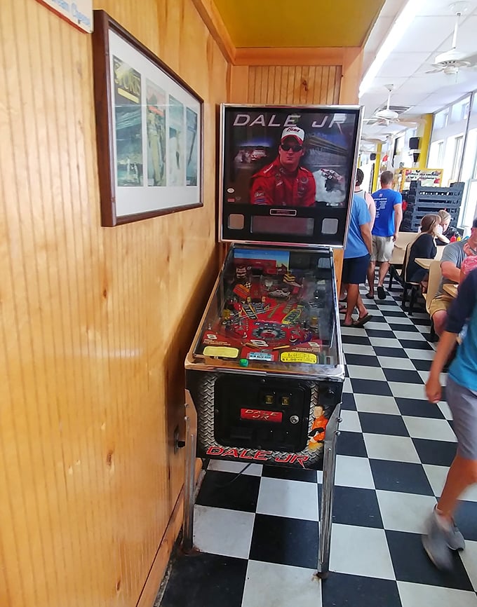 The Dale Jr. pinball machine—entertainment while you wait for your order. Because sometimes you need to work up an appetite for that jumbo cheeseburger.