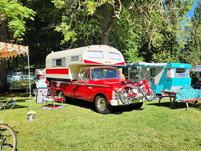 Vintage campers and classic trucks gather like old friends at Pioneer Park, a colorful reminder that the good old days are still rolling along nicely.