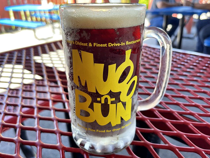 Root beer in a frosted mug – because some traditions are too perfect to mess with.