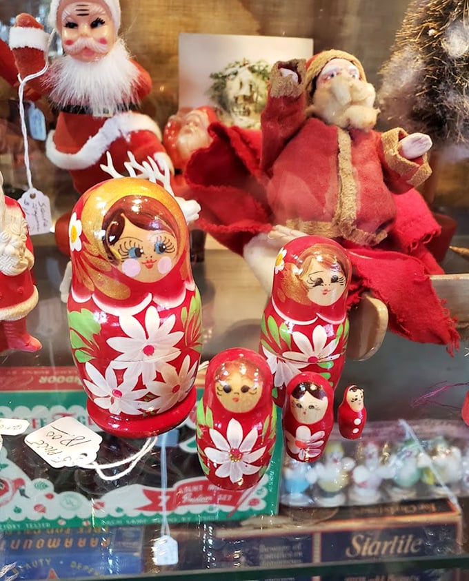 Russian nesting dolls share shelf space with vintage Santas, proving that childhood magic speaks a universal language.