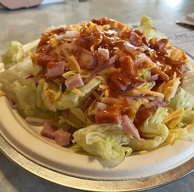 A salad that doesn't pretend to be something it's not—honest ingredients having a casual get-together on a plate.