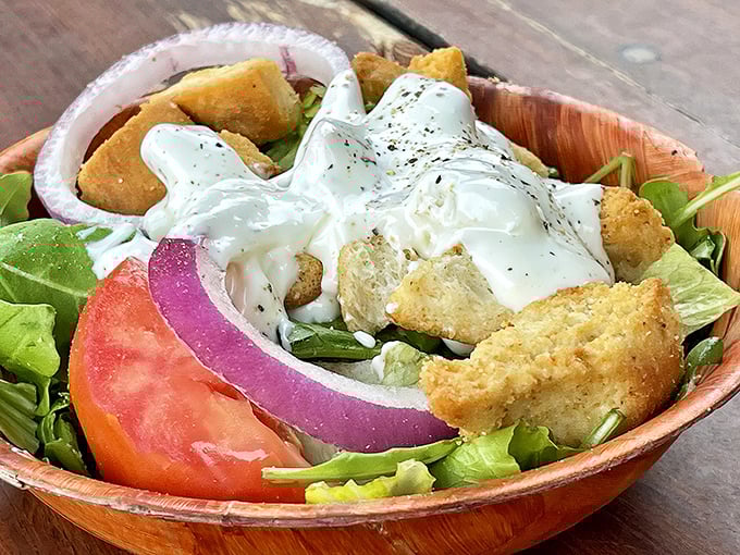 A salad that doesn't apologize for being healthy—crisp, colorful, and dressed to impress with homemade croutons standing tall.