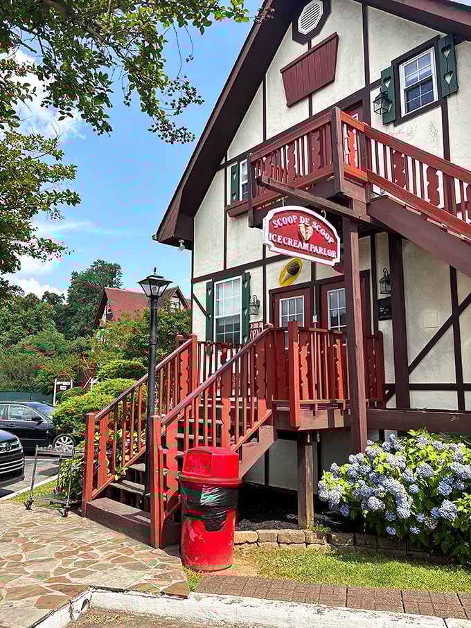 Scoop-De-Scoop's bright red staircase beckons ice cream lovers upward toward sugar-fueled happiness in multiple delicious flavors.