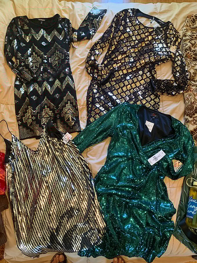 Designer sequin dresses at thrift store prices—four glamorous party outfits that won't break your $31 budget at Uptown Cheapskate.