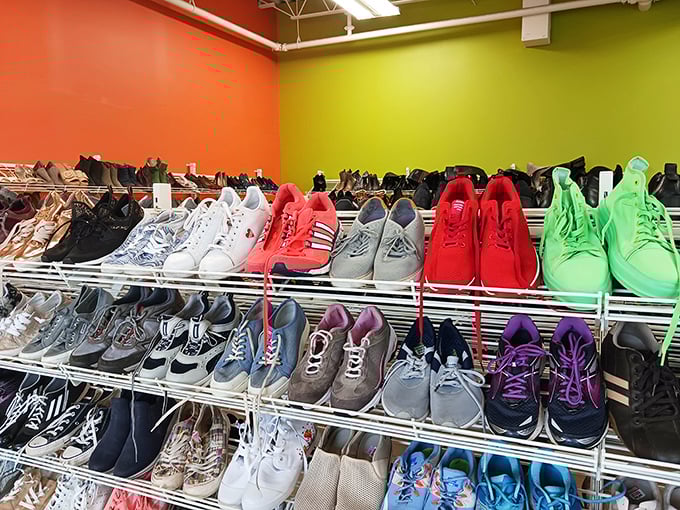 The shoe section showcases a kaleidoscope of footwear—from practical sneakers to statement pieces—all waiting for their Cinderella moment.