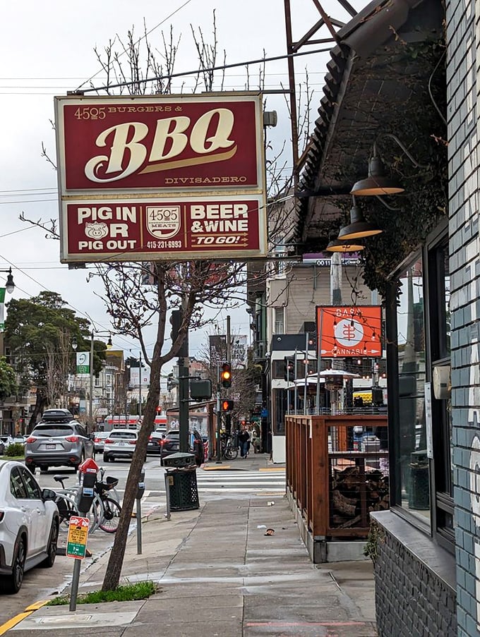 The sign says it all: "Pig In or Pig Out" – a philosophy that's less about eating and more about embracing life's delicious moments.