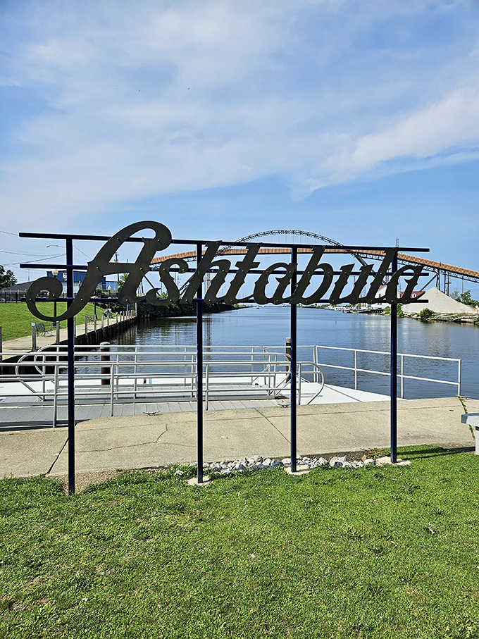 This waterfront sign welcomes visitors to Ashtabula with understated elegance, proving you don't need neon and glitter to make a memorable entrance.