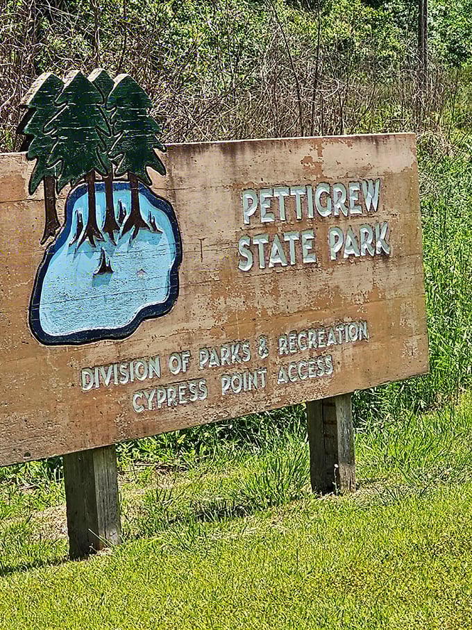 The park's entrance sign welcomes visitors to a world of natural and historical wonders. Those stylized trees promise adventures that no smartphone notification can match.