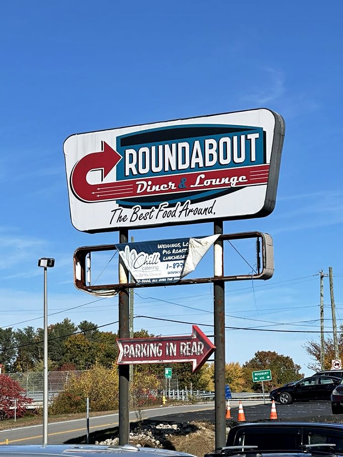 "The Best Food Around" isn't just a slogan—it's a promise. This vintage-style sign has guided countless hungry travelers to breakfast bliss.
