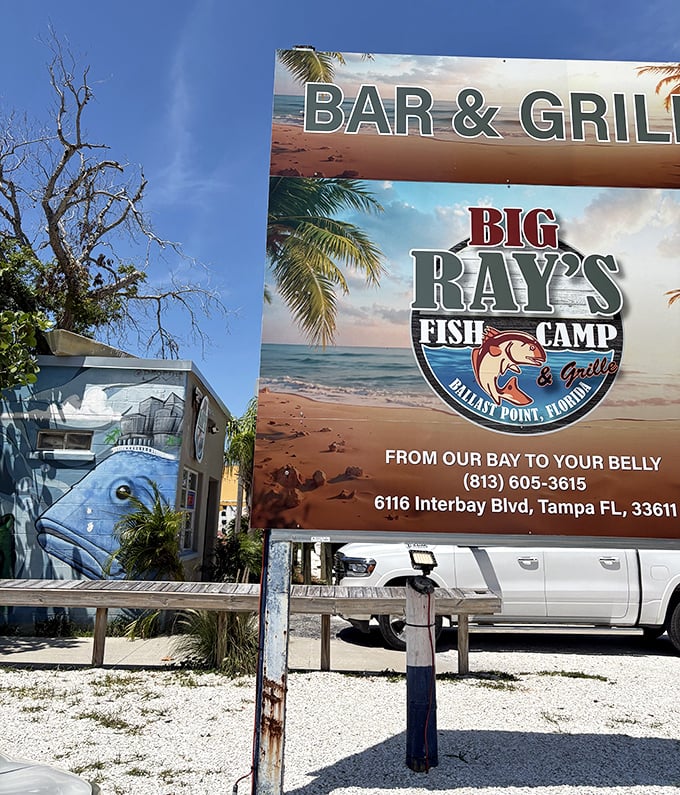 The sign says it all: "From Our Bay to Your Belly." Not just a slogan—it's a delicious promise that Big Ray's delivers on daily.