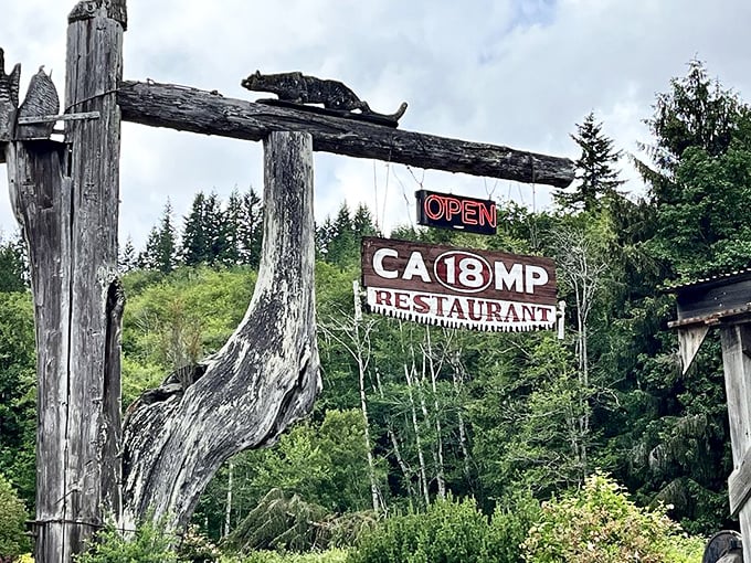 Not all heroes wear capes – some hang on weathered posts alongside rustic signage that has guided hungry travelers to comfort food salvation for decades.