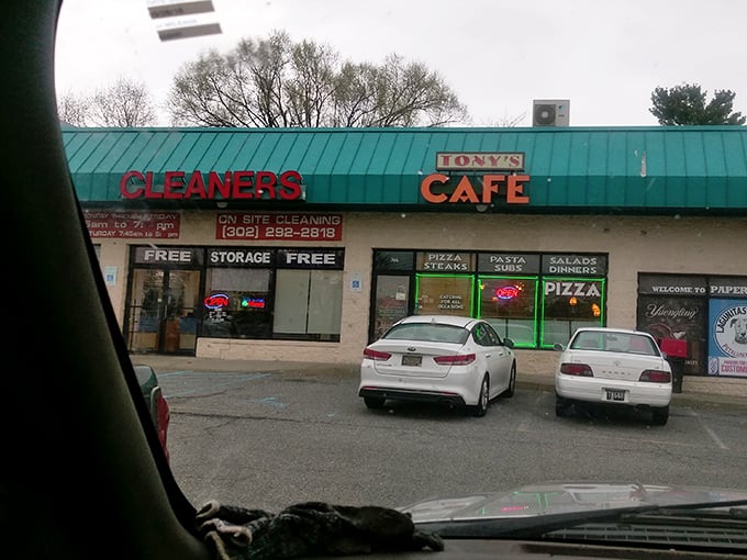 Even on a gray day, Tony's Cafe's sign shines like a lighthouse guiding hungry souls to pasta paradise. The neighboring cleaners can't compete with this kind of draw.