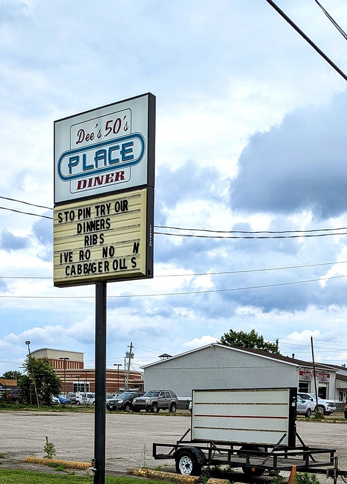 The roadside sign announces "Ribs" and "Cabbage Rolls" with the confidence of a place that knows exactly what it does well.