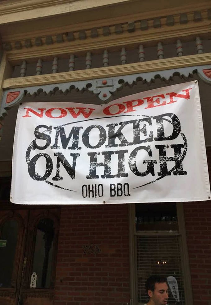 The banner announces "Smoked On High" like a proclamation from meat royalty – a signal flag for hungry Columbus residents seeking smoky salvation.