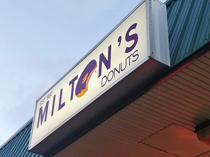 The side-angle view of Milton's sign serves as a landmark for those in the know—a purple promise of deliciousness just steps away.