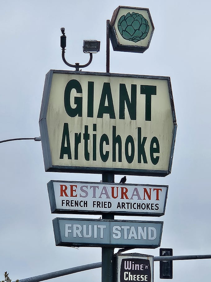 The vintage roadside sign has likely guided hungry travelers for decades, promising the simple joy of "FRENCH FRIED ARTICHOKES" in all-caps enthusiasm.