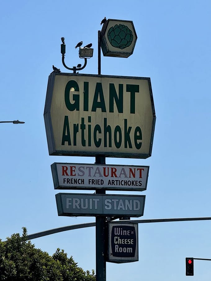 That roadside sign proudly announces "French Fried Artichokes," ensuring no one misses this vegetable-focused destination along Highway 1.