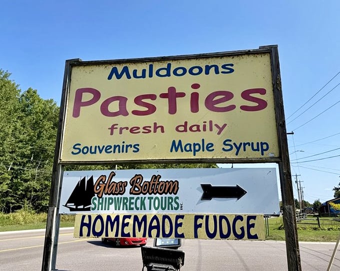 The roadside beacon that's saved many a hungry traveler. This weathered sign has guided pasty pilgrims to their destination for years.