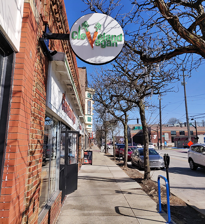 The iconic Cleveland Vegan sign stands as a landmark for those seeking plant-based nirvana in this bustling Lakewood neighborhood.