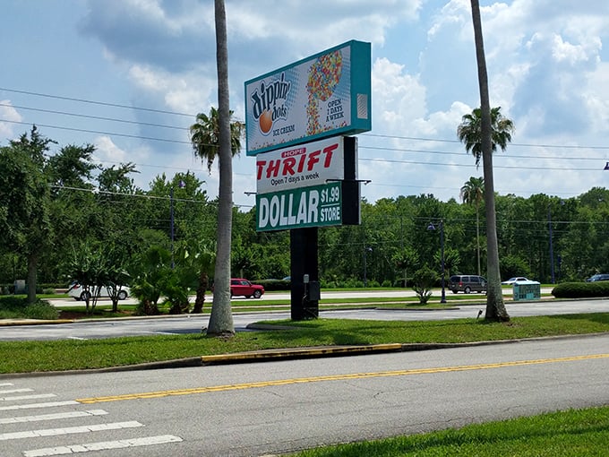 Where palm trees frame promises of thrifty treasures, Hope Thrift's roadside sign stands as a beacon to bargain hunters navigating the sea of Orlando's pricier attractions.