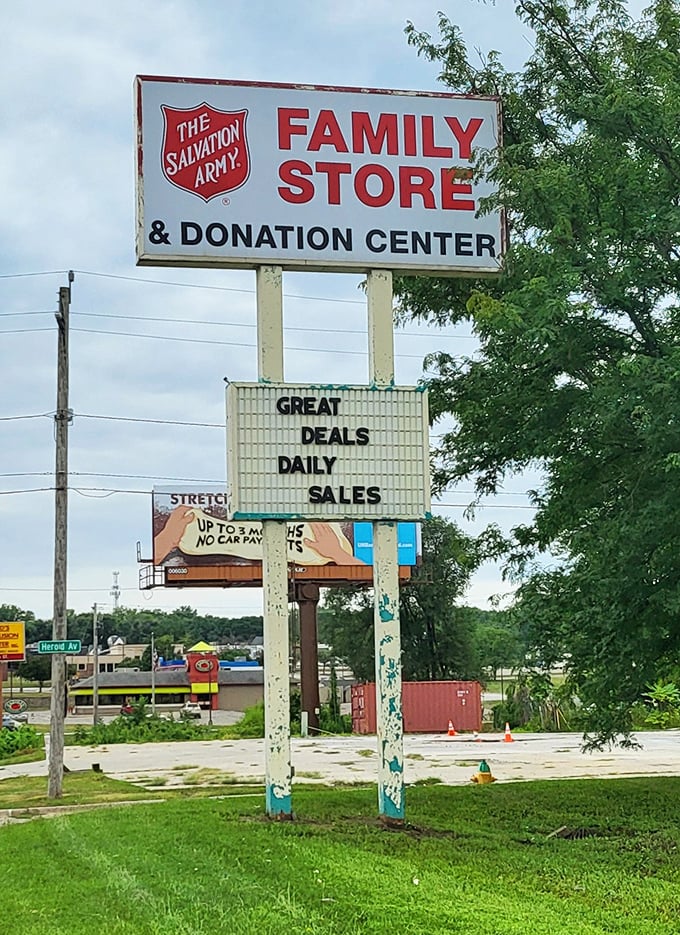 Great Deals Daily Sales—the siren song of thrift store signage, promising the possibility that today might be the day you find that perfect something.
