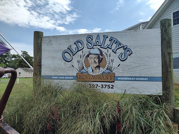 That hand-painted sign says it all—Old Salty's isn't just open year-round, it's a permanent fixture in the hearts of Maryland seafood lovers.