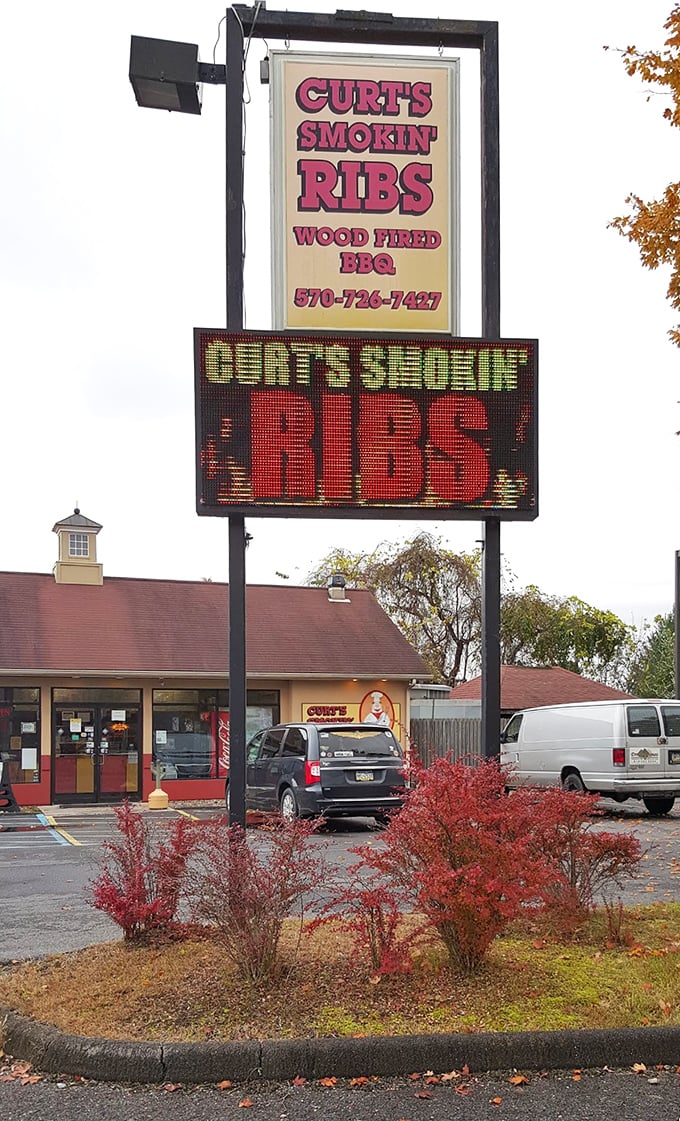 The sign says it all—"Curt's Smokin' Ribs" with no unnecessary flourishes. In Pennsylvania BBQ circles, these three words need no embellishment.