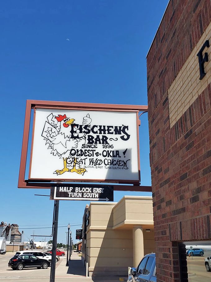 A sign that gets straight to the point: "Great Fried Chicken." When you've perfected something, you don't need elaborate marketing – just honest directions.