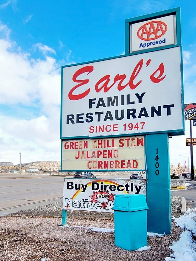 The sign tells the story—"Family Restaurant Since 1947" and green chile stew that could be New Mexico's unofficial state treasure.