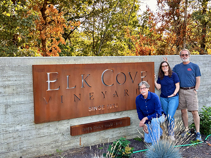 The sign that launched a thousand sips. Family pride carved in metal, welcoming wine lovers to a slice of Oregon paradise since 1974.