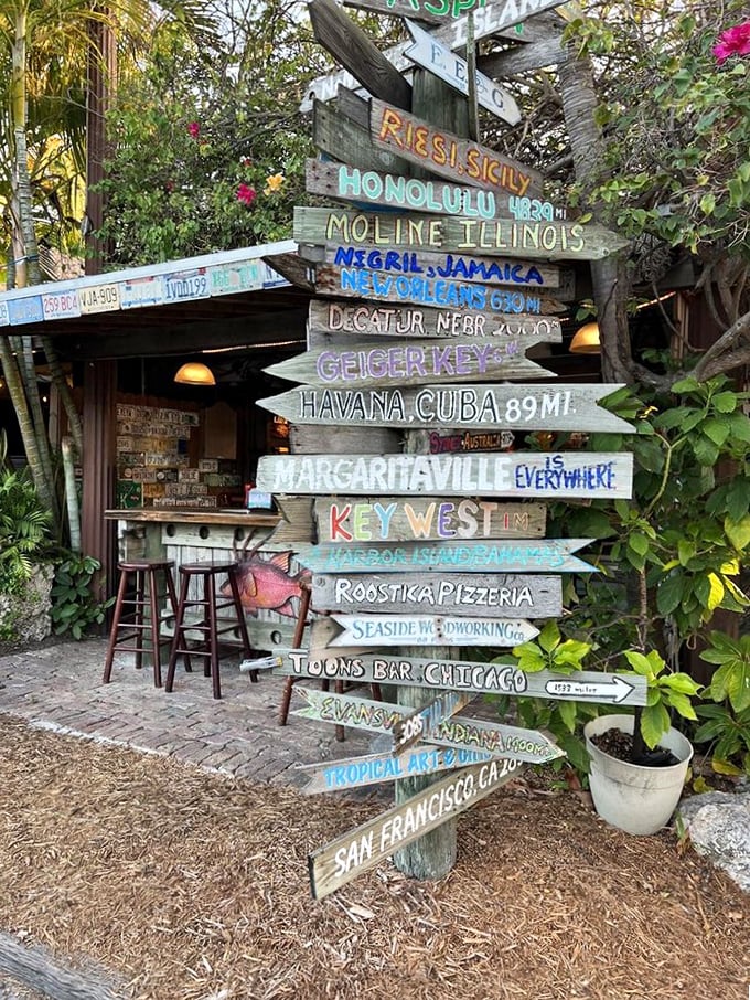 This directional signpost doesn't just point to places—it points to a state of mind where "Margaritaville" is truly "everywhere" and worries melt away.