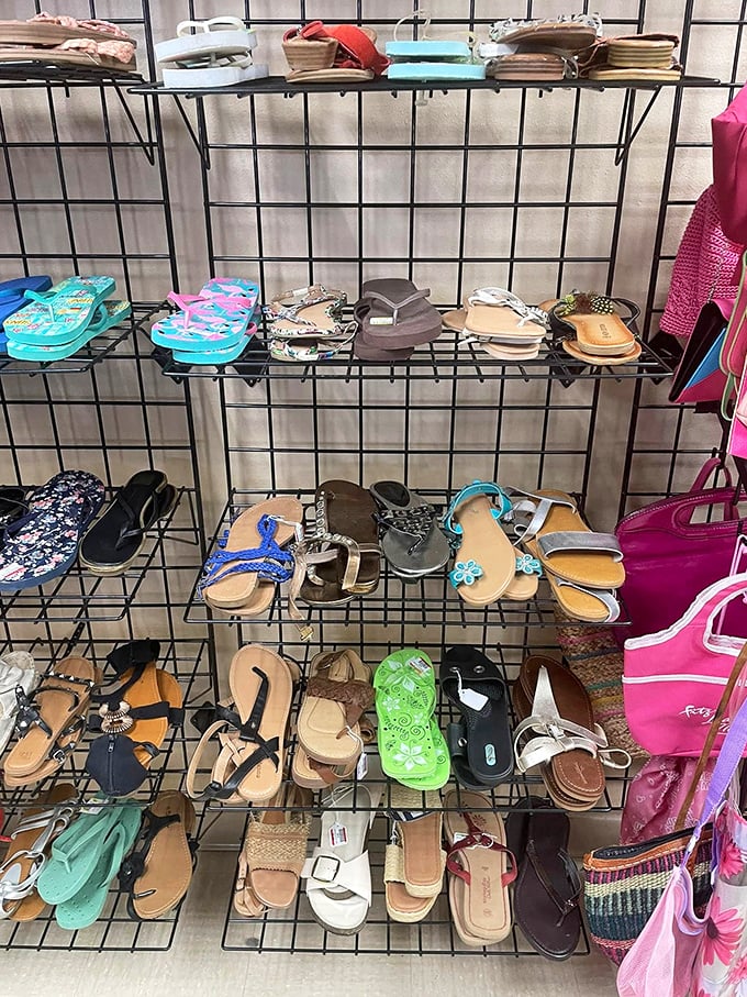 Summer sandals and flip-flops stand at attention, patiently waiting for warmer days and the chance to escape Wisconsin winters.