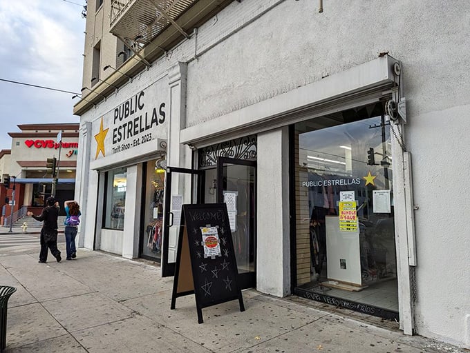 The storefront that doesn't need neon flash—just a simple promise of treasures hiding inside those walls.
