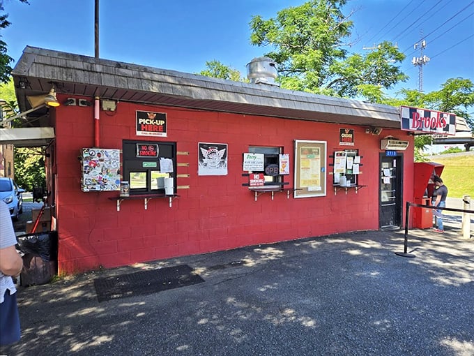 The view from the street – that bright red building signals to burger pilgrims that they've reached their destination.