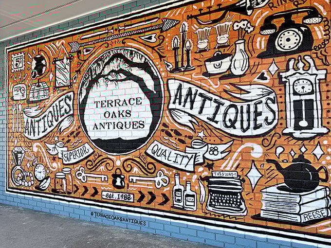 The entrance mural promises antiques and delivers – this artistic welcome sign sets expectations appropriately high for what's inside.