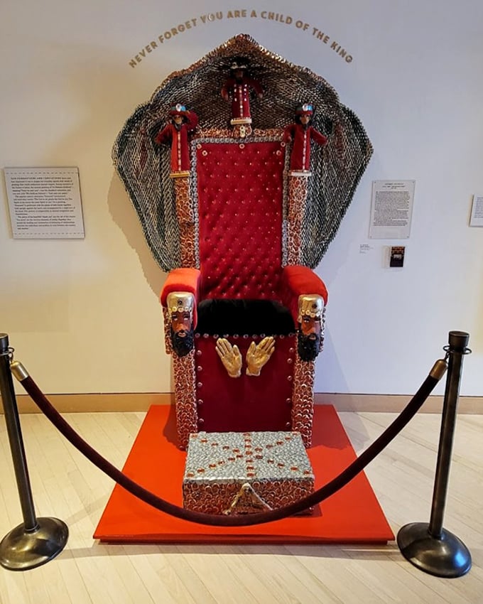 "Never forget you are a child of the king" proclaims this bejeweled throne. Royal seating for the imagination—no blue blood required.