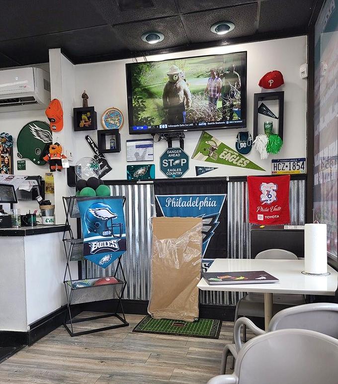 Eagles flags and Philly memorabilia create a corner of Pennsylvania in the desert – explaining the authentic East Coast attitude that seasons every bite.