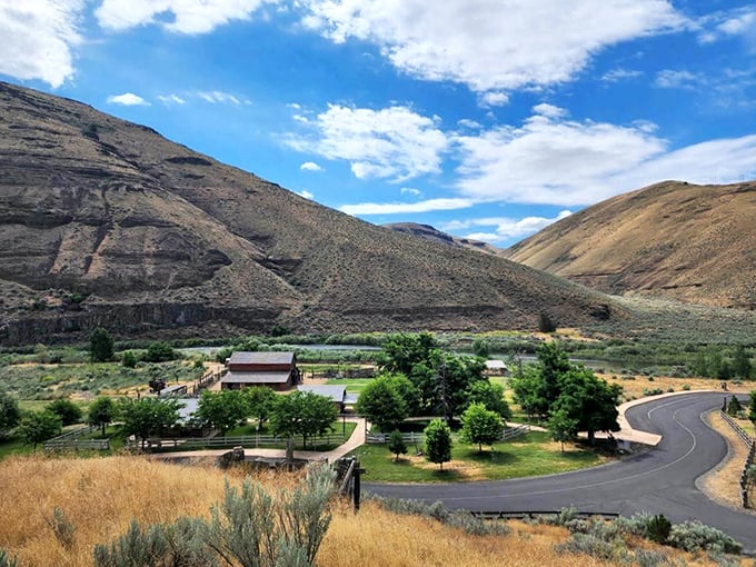 A bird's-eye view reveals the perfect harmony between human touches and wild landscape—civilization taking just a small, respectful bow.