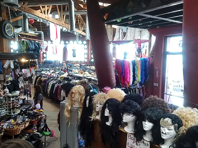 A rainbow of wigs awaits those looking to transform not just their outfit but their entire identity—instant character development for the price of vintage.