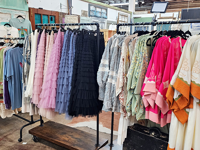 Tulle, ruffles, and vintage patterns galore! This clothing rack is like raiding the world's most stylish grandmother's closet—if she were a fashion icon.