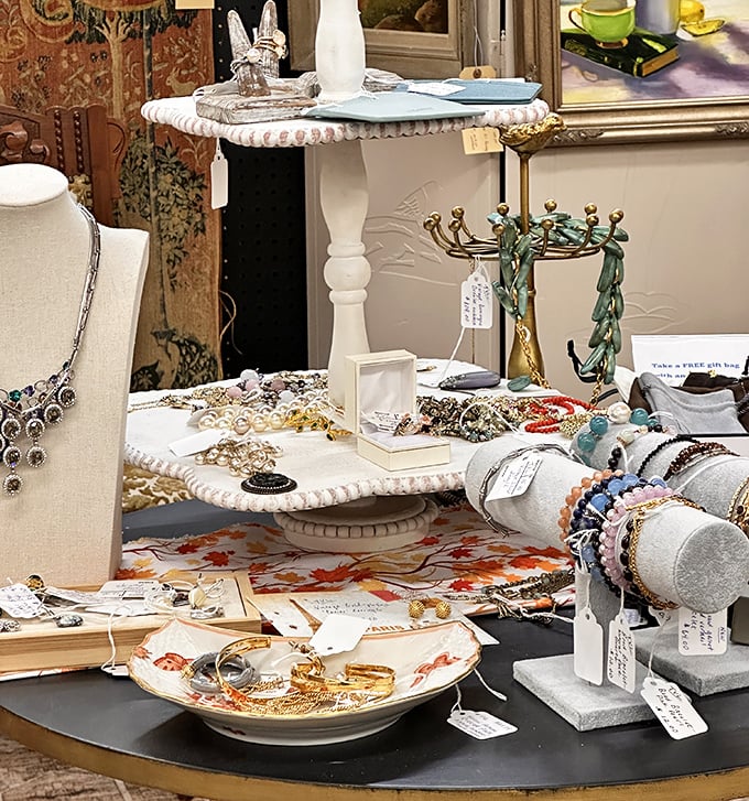Jewelry displays that transform ordinary accessories into treasure trove discoveries—each piece with its own mysterious provenance.